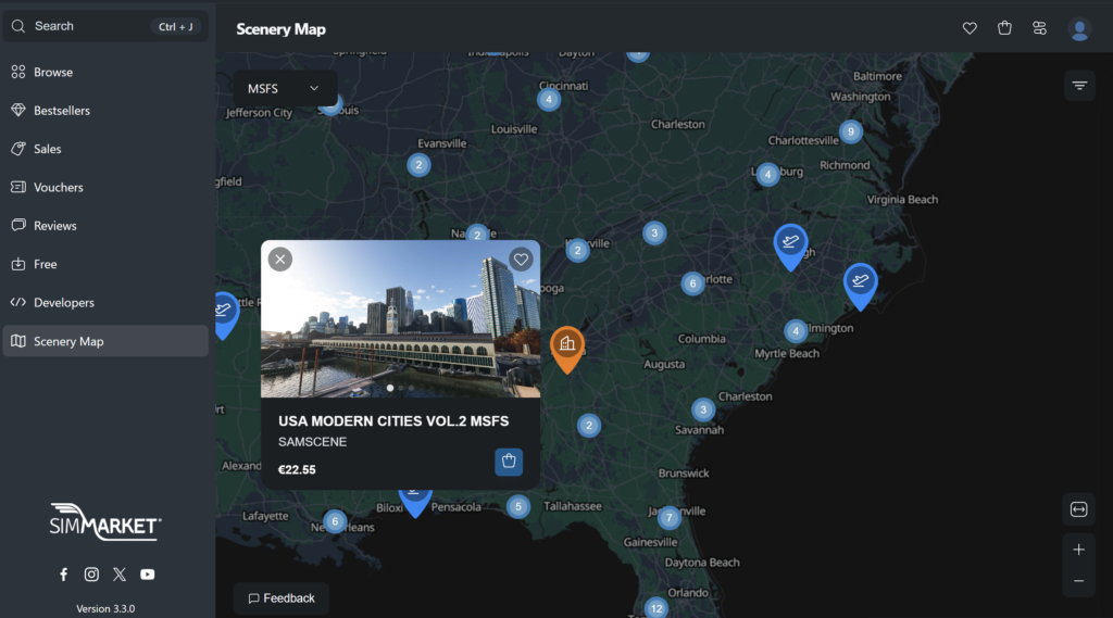 Scenery Map in SIMMARKET app MSFS P3D X-Plane – simFlight